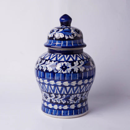 Traditional Lidded Chinese Jar - Blue Pottery Floral Design – Craftan ...